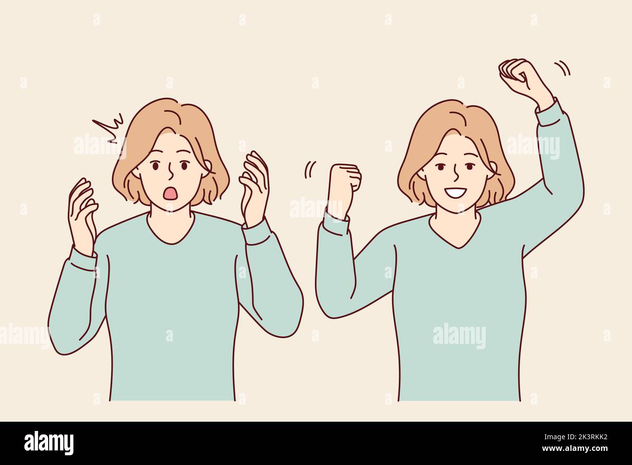 Young woman feeling unhappy and happy showing different emotions ...