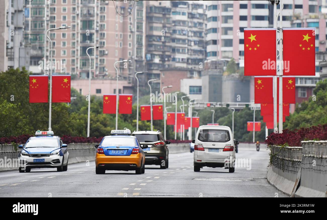 GUIYANG, CHINA - SEPTEMBER 28, 2022 - Five-star red flags are hung on a ...