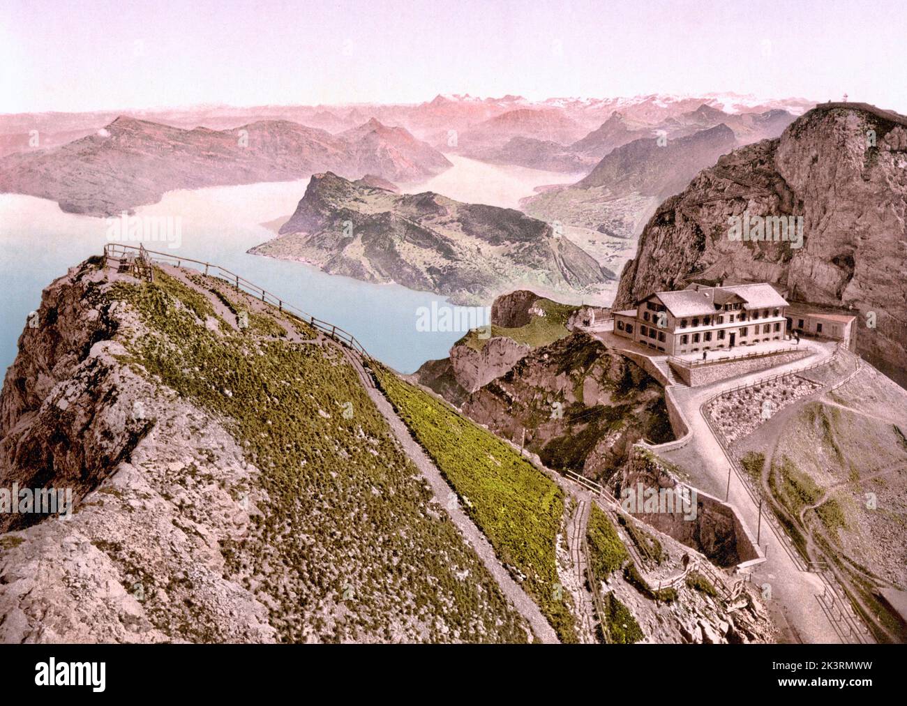 Pilatus cogwheel railway seen from Oberhaupt, towards Lake Lucerne ...