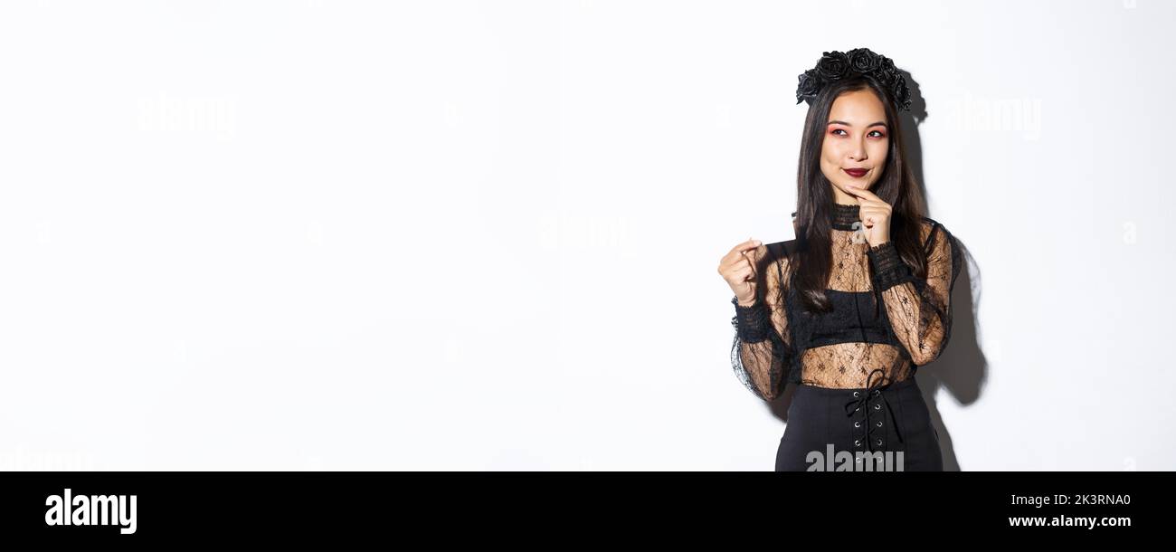 Image of smiling beautiful asian woman in gothic lace dress and wreath ...