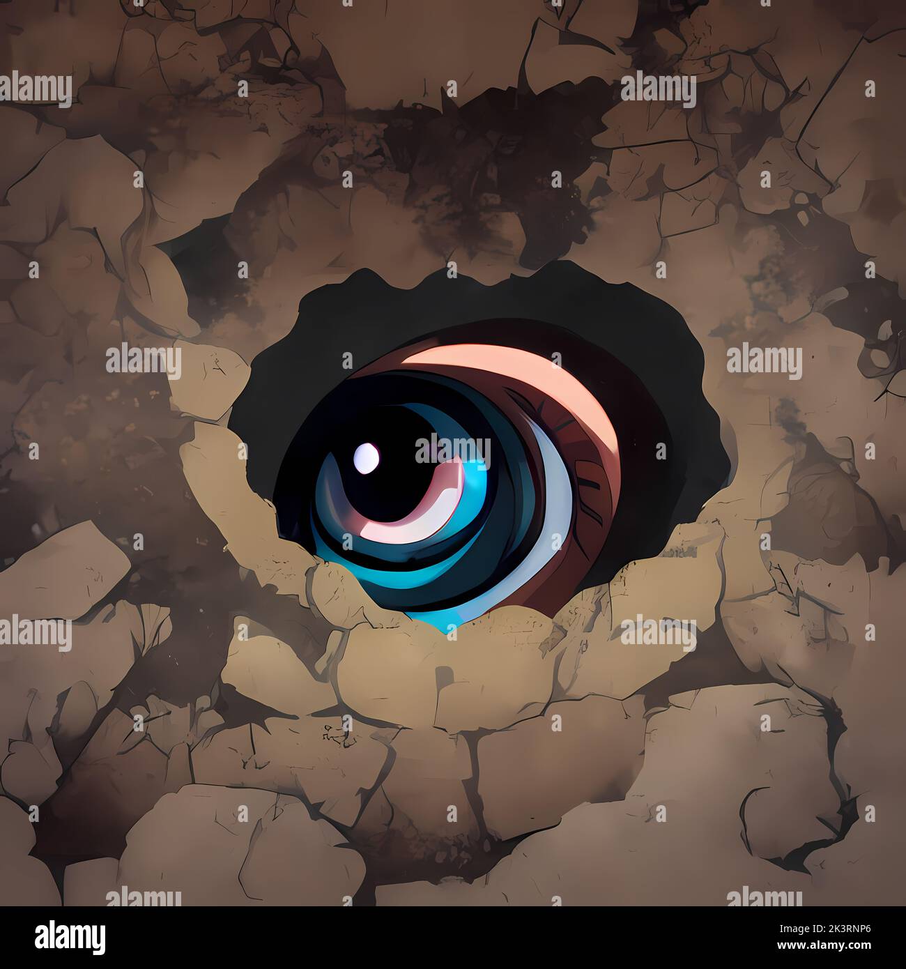 A giant scary angry eye, anime style illustration, appearing from the ...