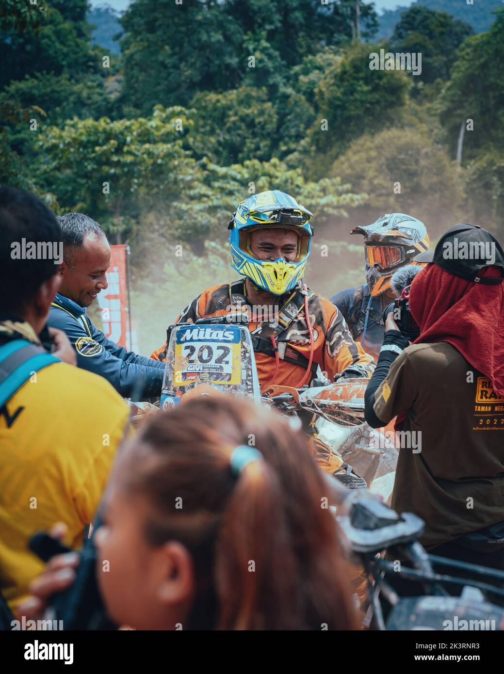Pahang, Malaysia - Sept 24, 2022 Happy motorcyclist at the finished ...