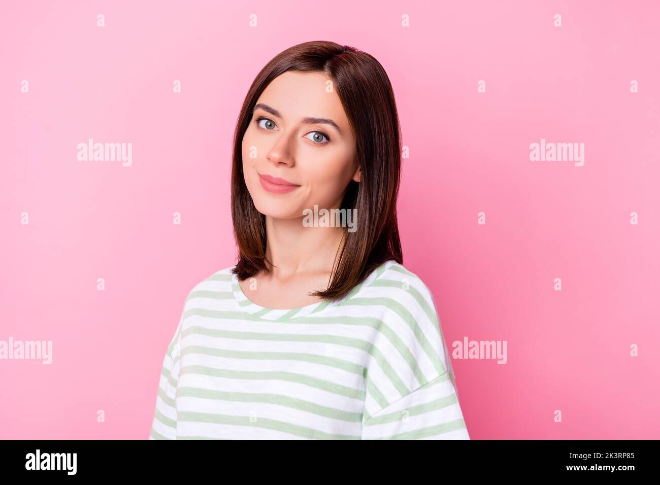 Portrait of optimistic cute sweet pretty girl with bob hairdo dressed ...