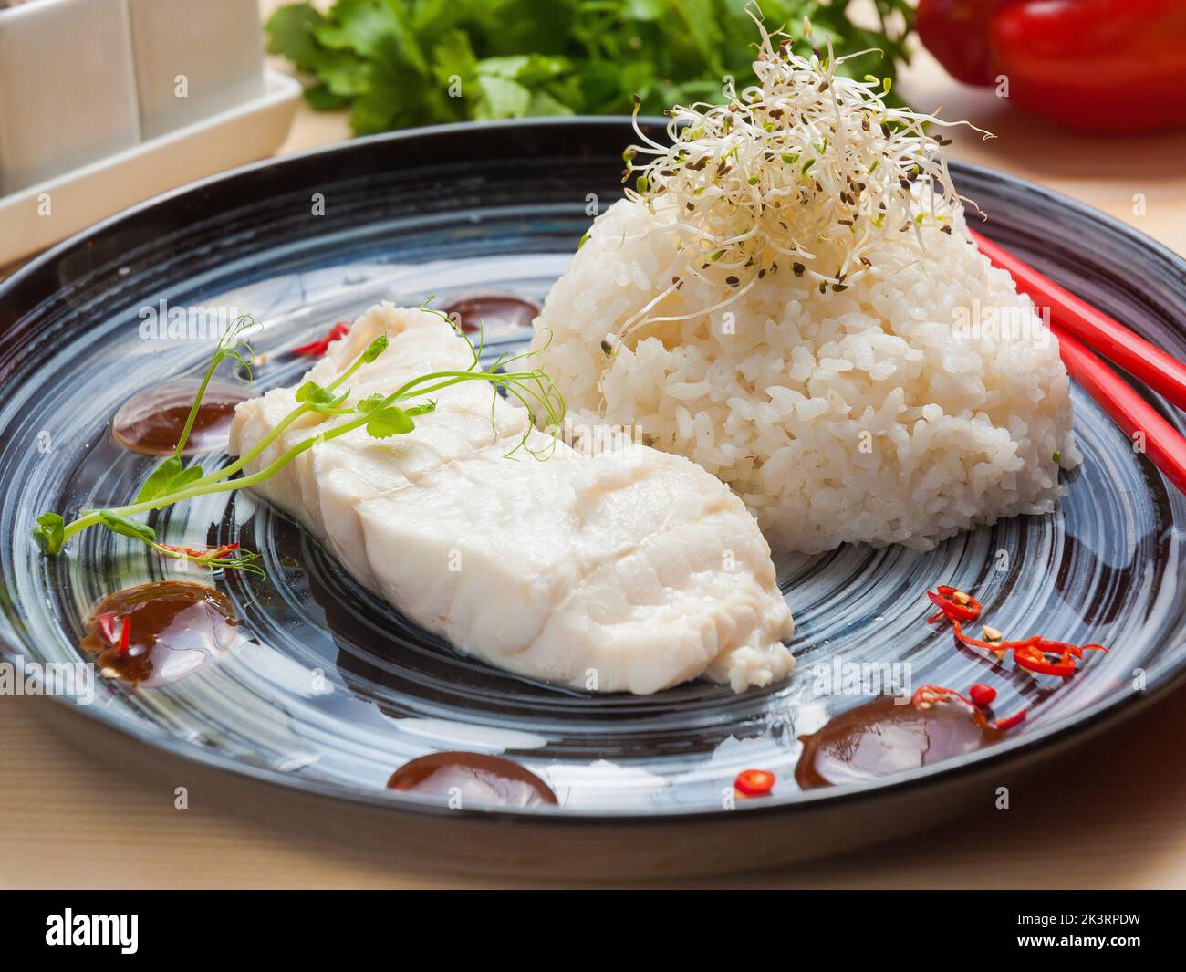 tasty white fish steamed with rice. Asian cuisine. healthy diet Stock ...