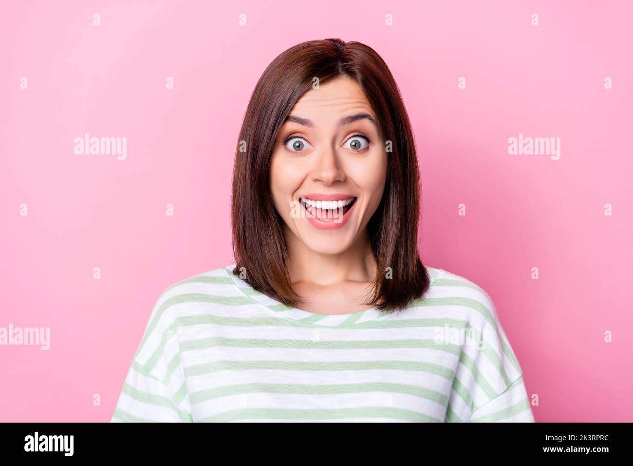 Closeup Photo Of Young Attractive Nice Girl Open Mouth Speechless Crazy