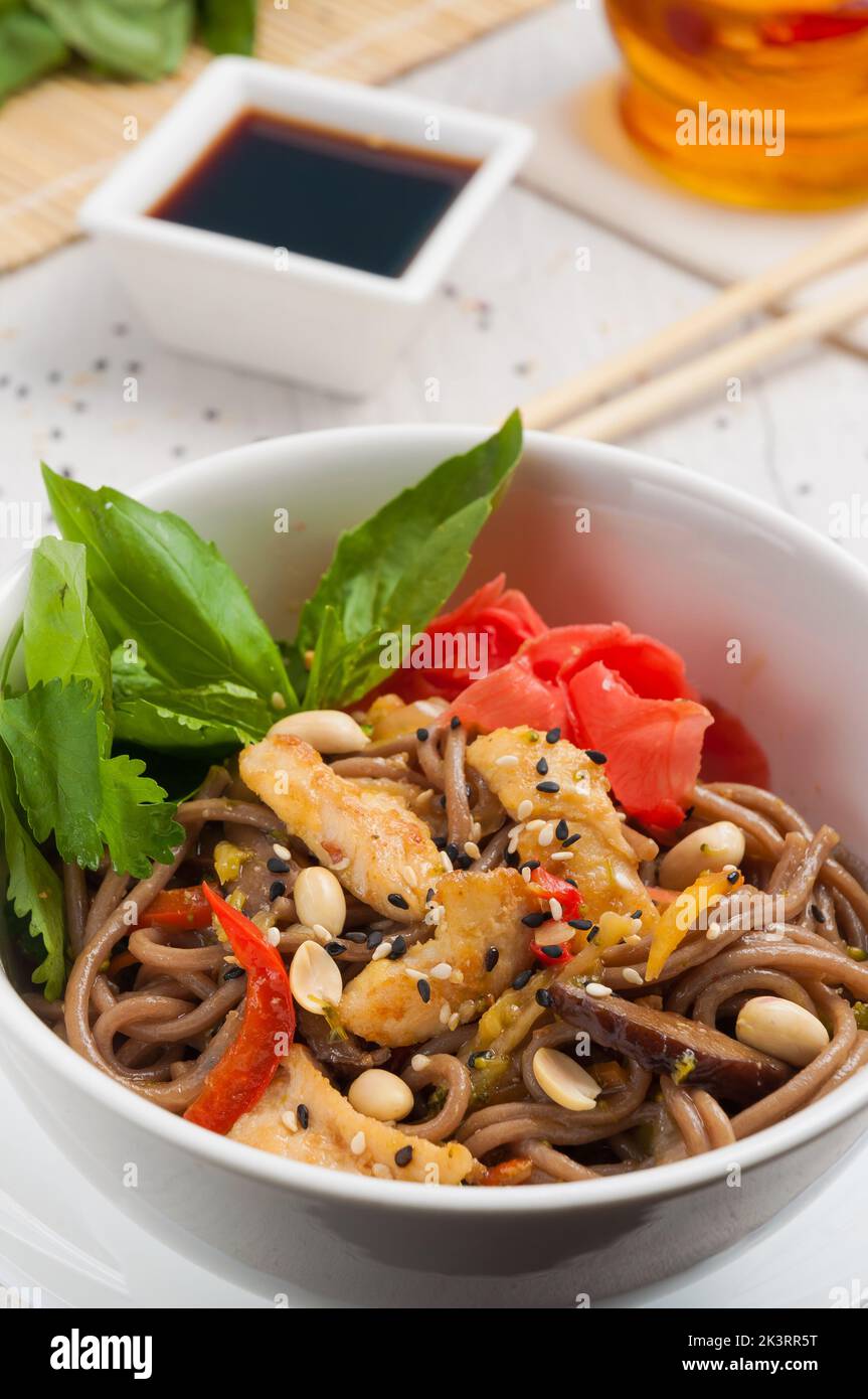 Buckwheat Noodles Soba With Chicken Asian And Japanese Dish Stock
