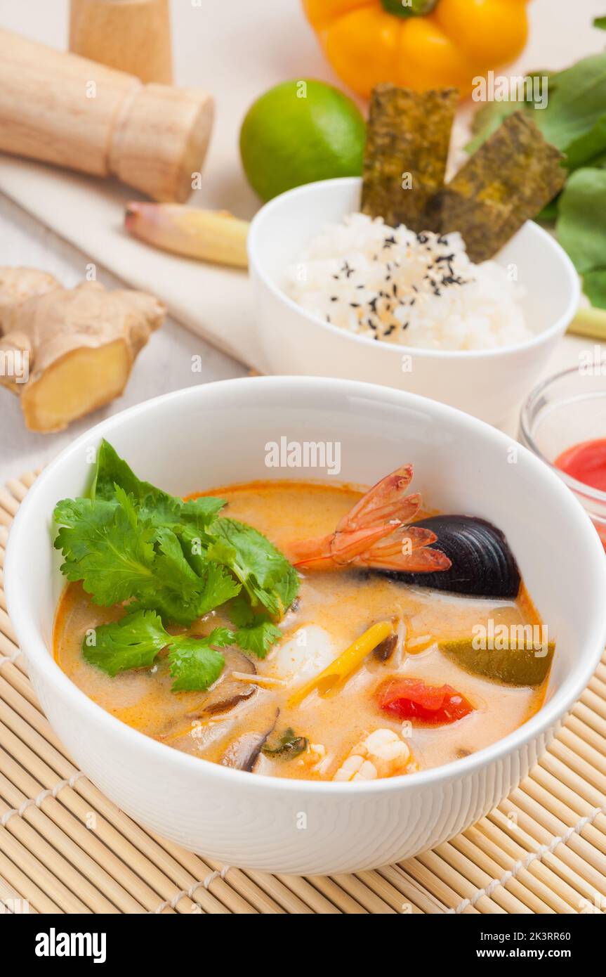 National dish of Vietnam and Laos. Great and tasty soup Tom Yam Stock ...