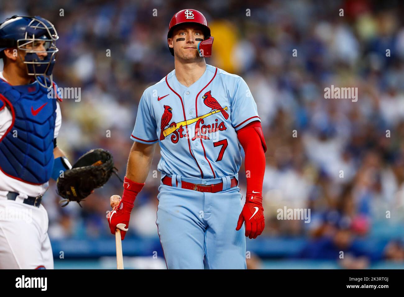 St. Louis Cardinals catcher Andrew Knizner (7) looks on during a MLB ...