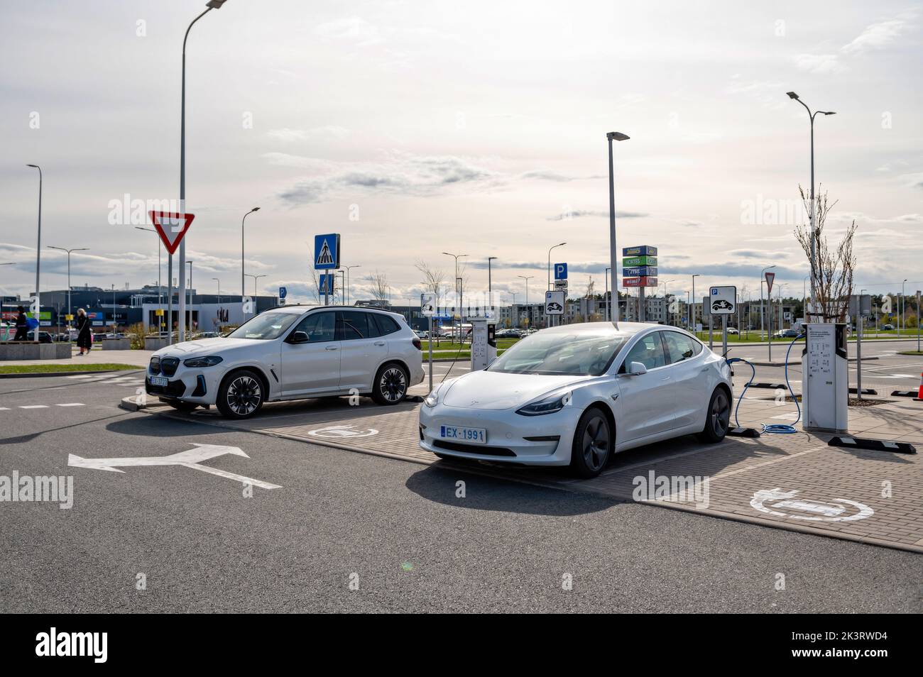 Riga, Latvia, April 29, 2022: electric cars Tesla Model S and BMW ix3 ...