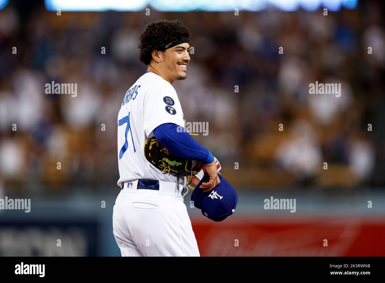 Los Angeles Dodgers first baseman Miguel Vargas (71) smiles at fans ...