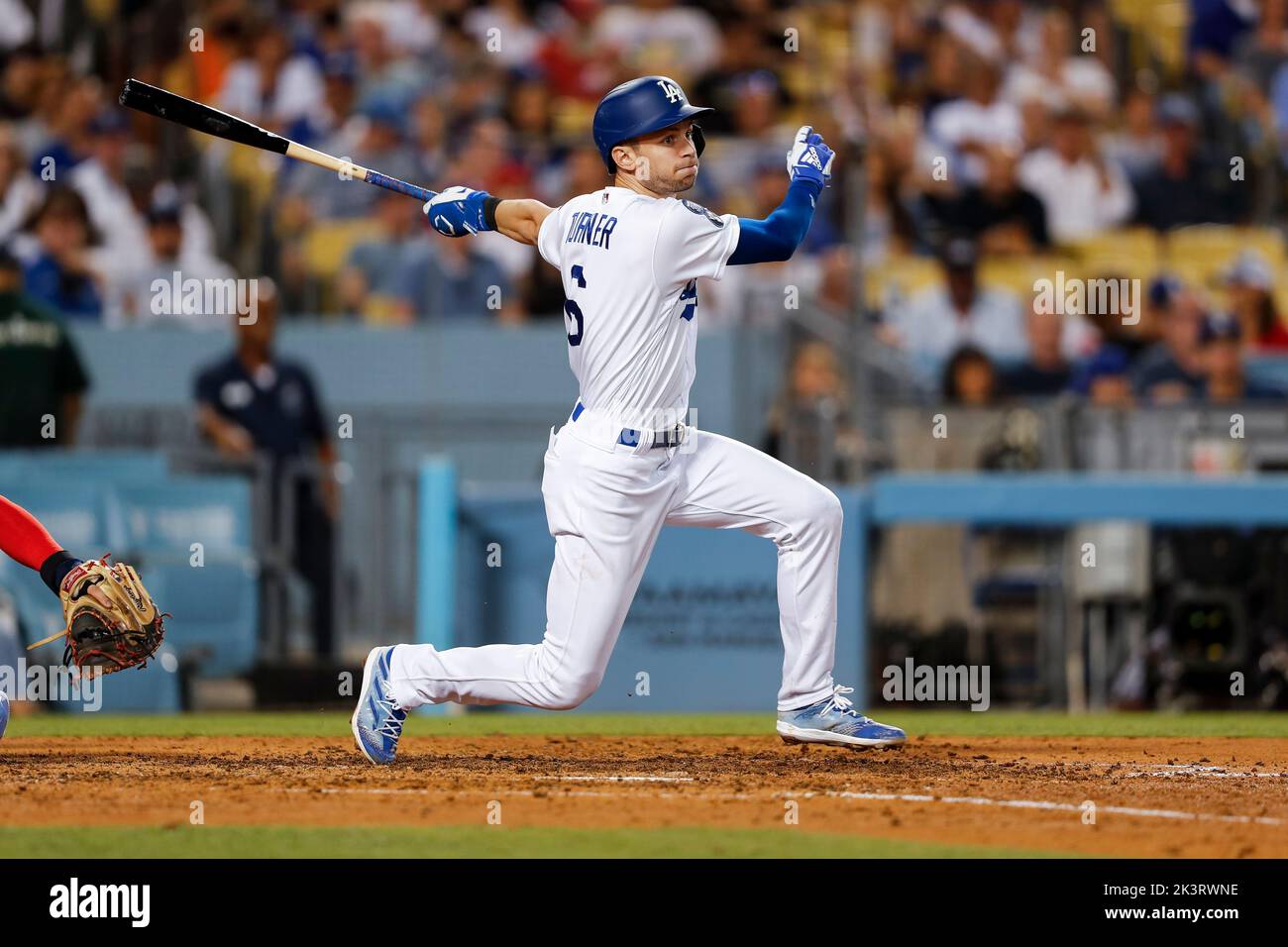 Los Angeles Dodgers shortstop Trea Turner (6) swings the bat during a MLB Baseball game against ...