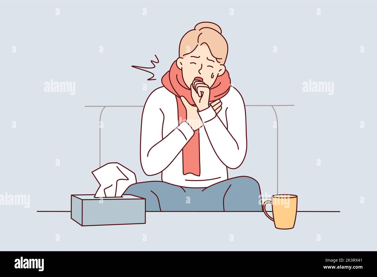 Unhealthy young man sit on sofa at home struggle with covid-19 symptoms ...