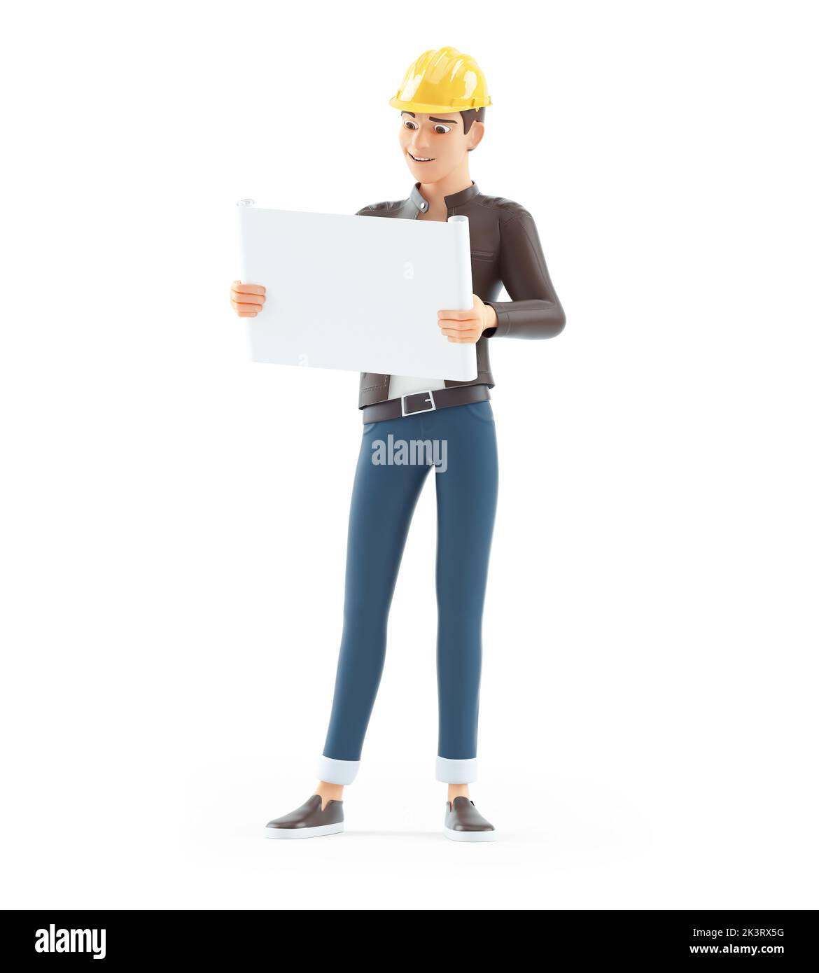 3d cartoon man with hard hat looking at plan, illustration isolated on ...