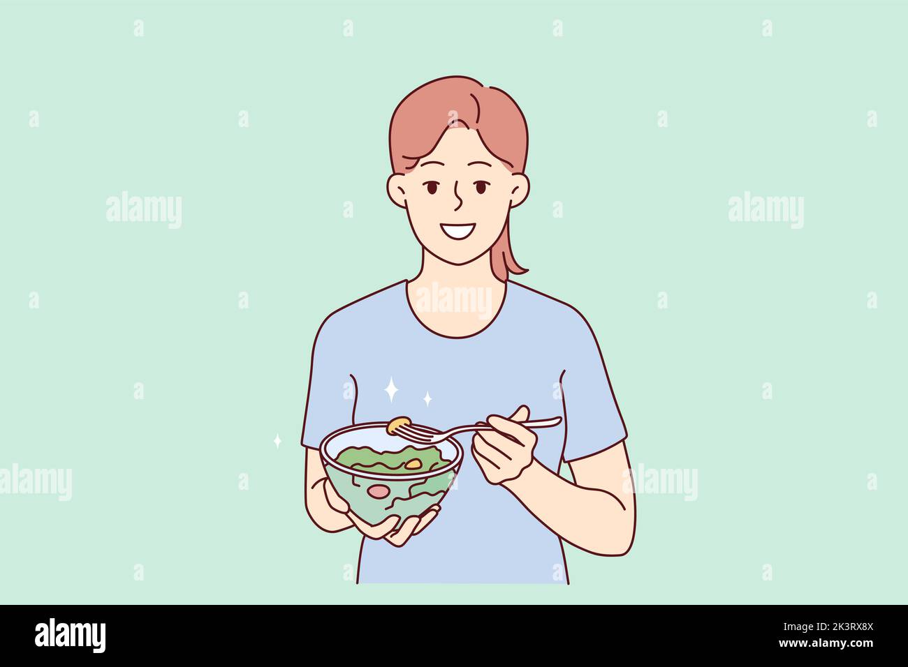 Smiling young woman eating healthy salad follow diet. Happy girl enjoy ...