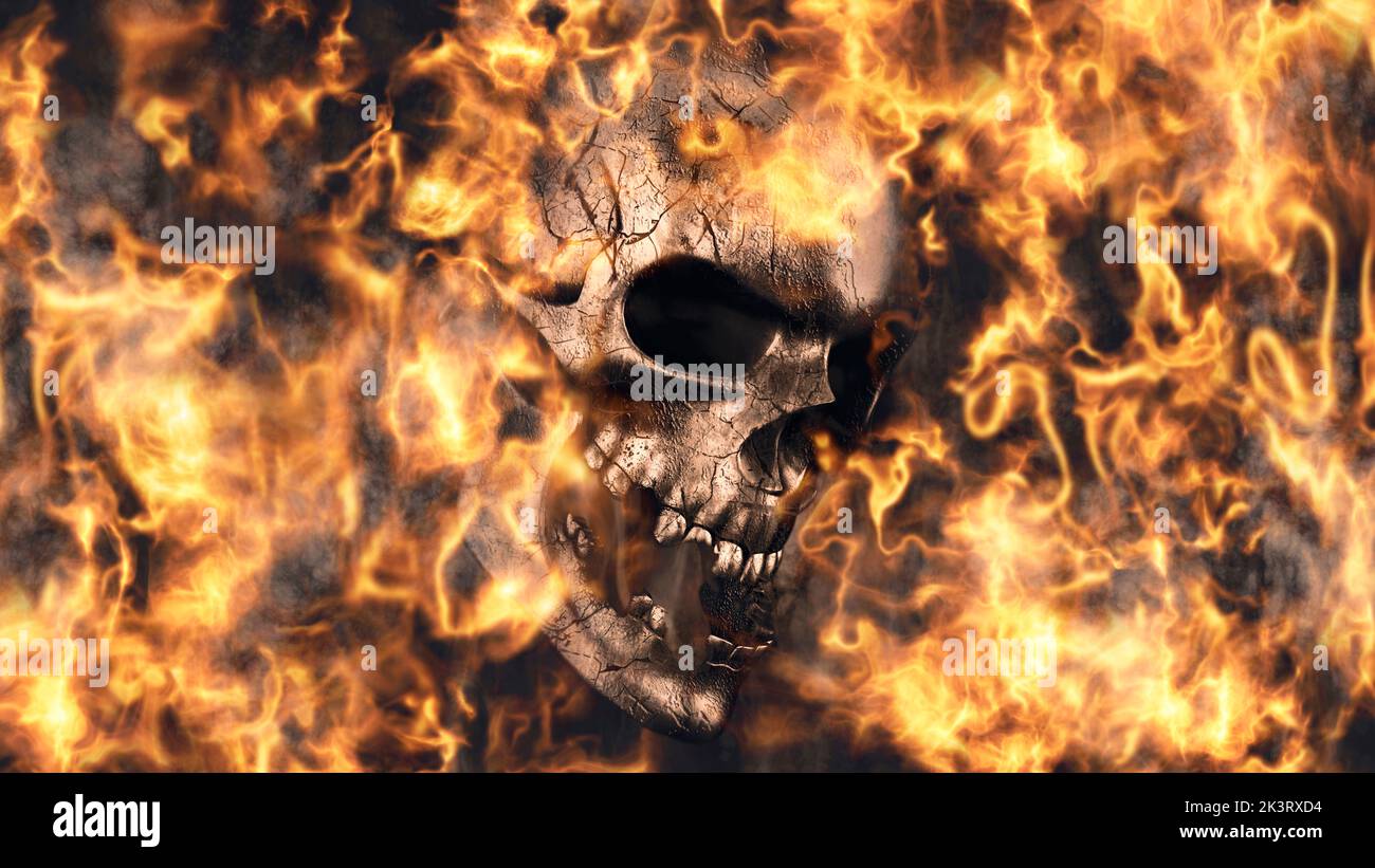Human skull all cracked and decayed burning in flames. Halloween ...