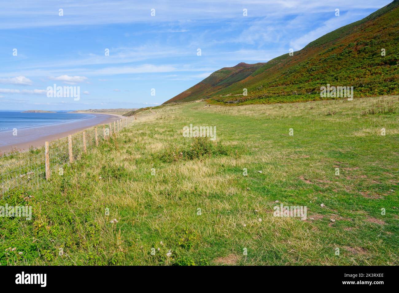 Wide footpath across fields between Rhossili beach and steep bracken ...