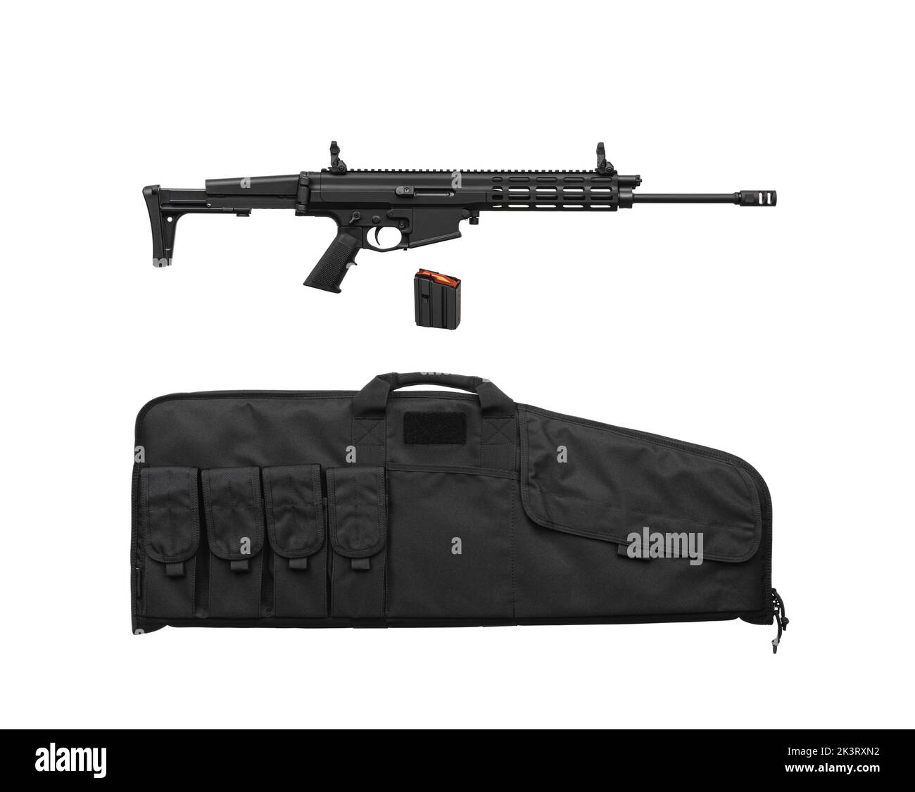 Modern automatic rifle. Soft black weapon case with extra pockets ...