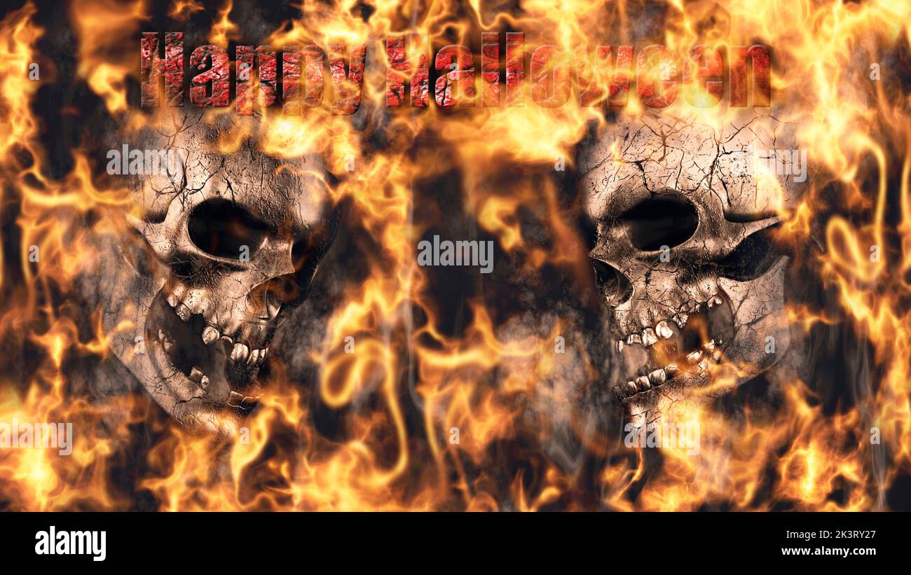 Human skulls all cracked and decayed burning in fire and smoke. Happy ...