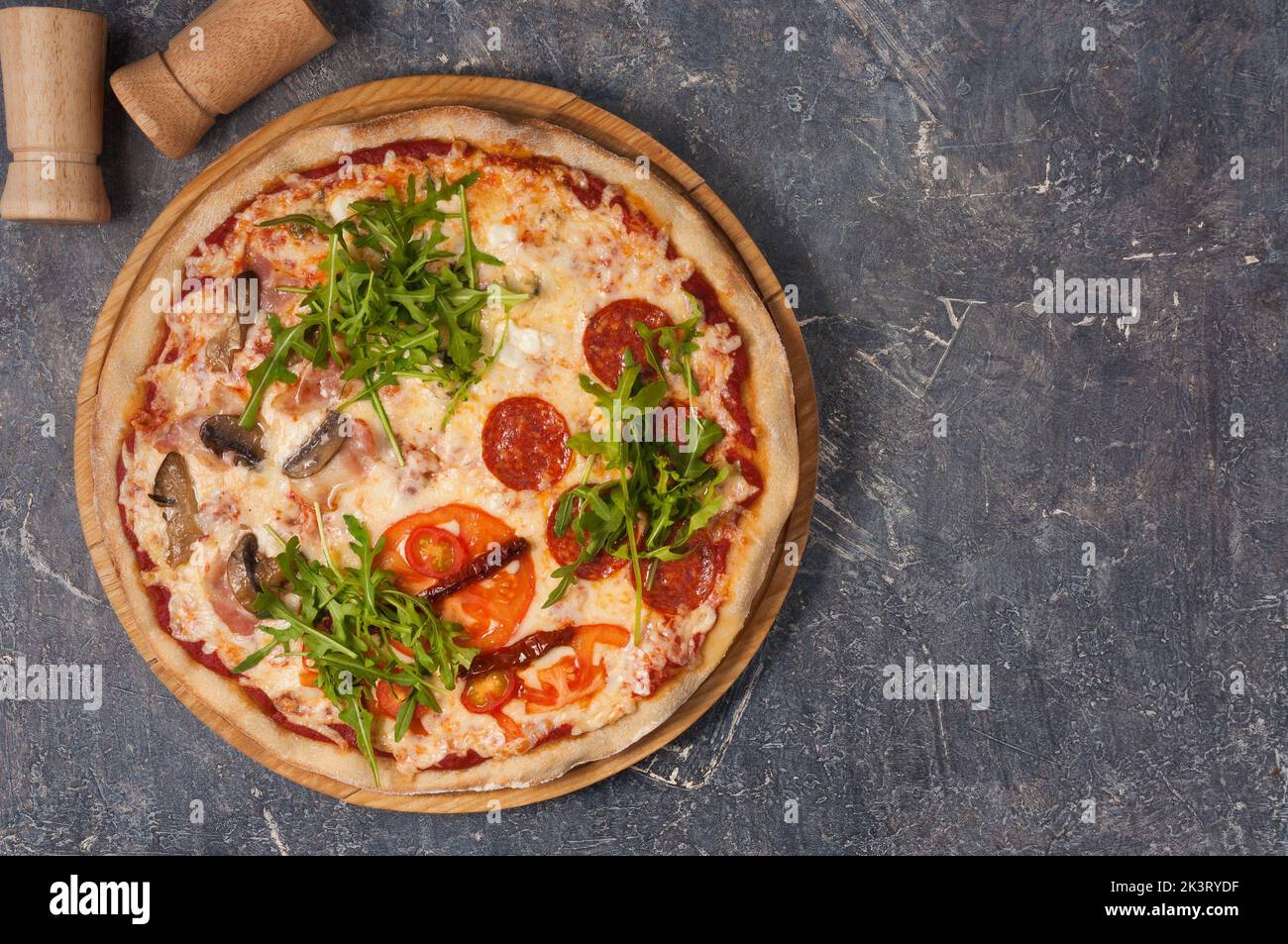 tasty assorted pizza with different fillings. The view from the top ...