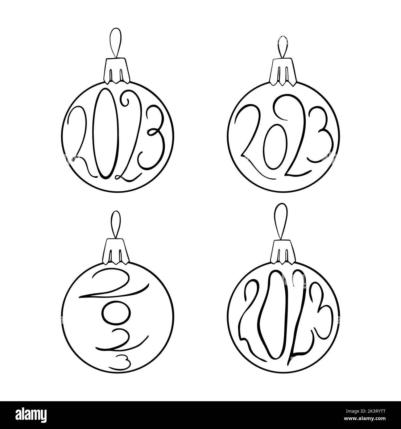 New year and Christmas balls with 2023 lettering inside. Hand drawn ...