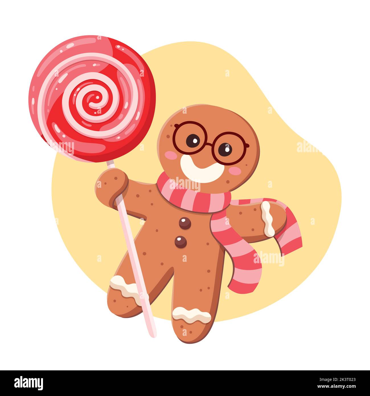 Funny gingerbread man with glasses and scarf holding a lollipop ...