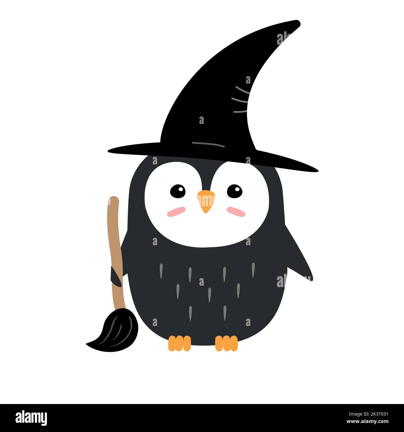 Vector flat hand drawn Halloween penguin with witch hat and broom ...