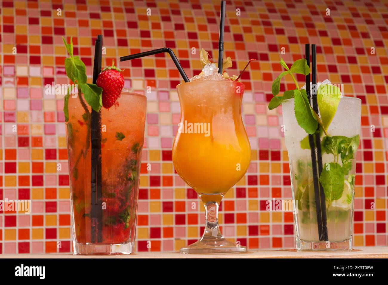 Tasty Non Alcoholic Cocktails With Ice On A Colored Background Stock