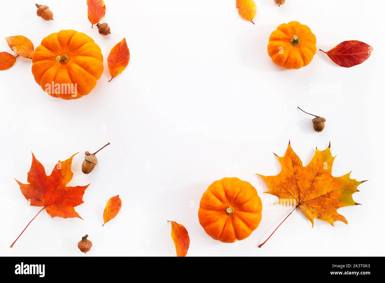 Pumpkins with fall leaves over white background. Top view Stock Photo ...