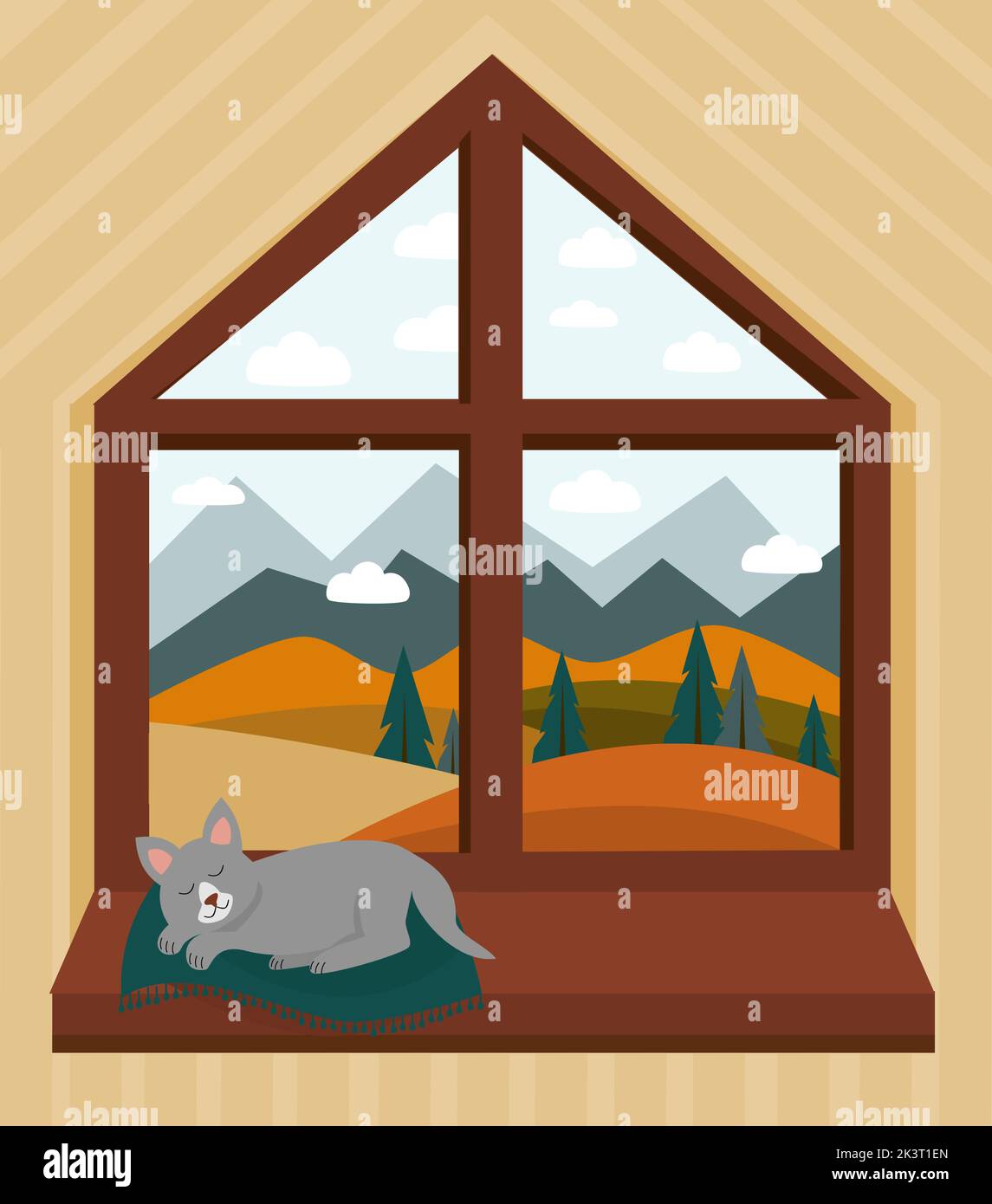 Cat is sitting on windowsill. Autumn window view Stock Vector Image ...