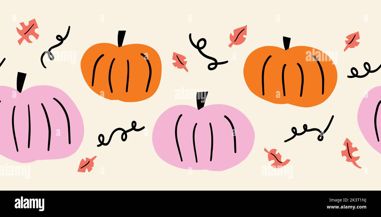 Cute hand drawn pumpkin vector border. Horizontal seamless doodle ...
