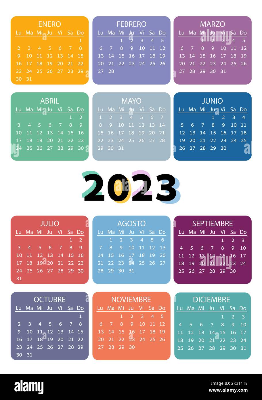 Pocket calendar on 2023 year, Spanish. Color vertical calendar. Week ...
