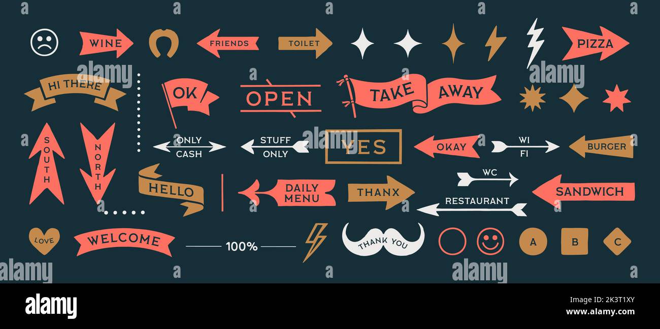 Arrow set icons. Colorful collection vintage sign, symbols and graphic ...