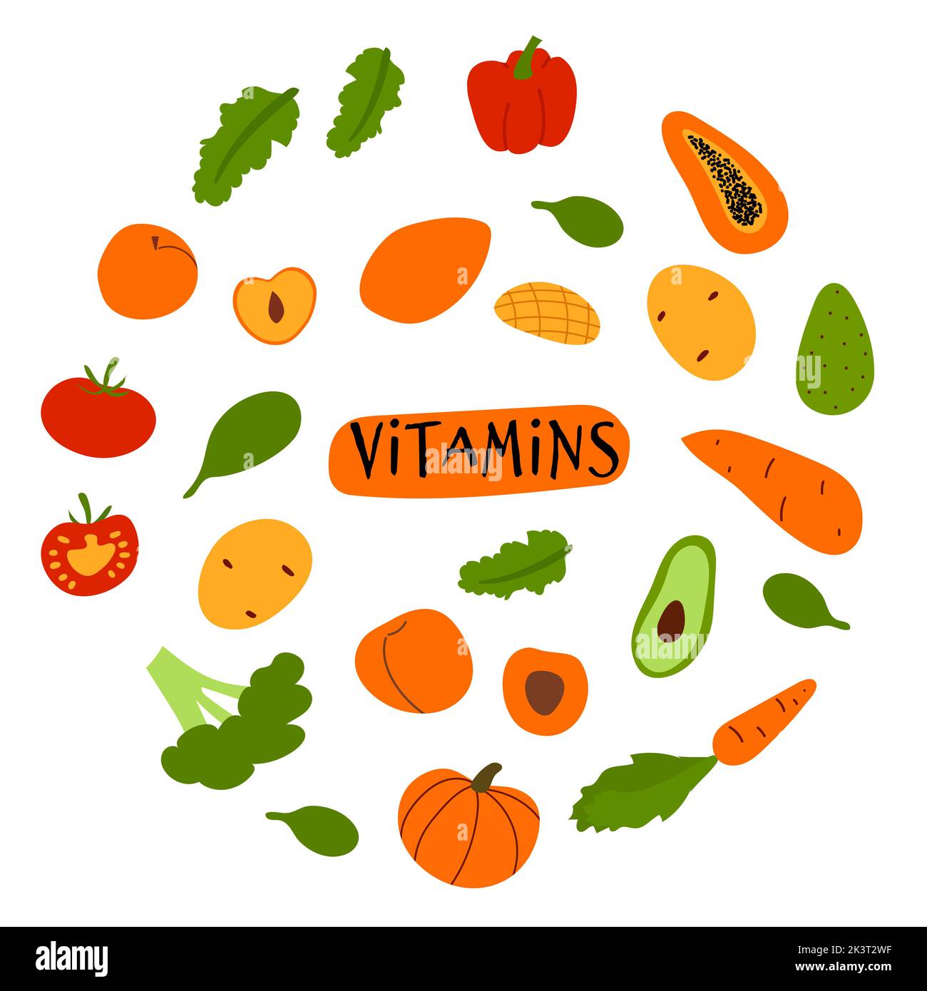 Doodle colorful fruits and veggies rich in vitamin. Cartoon circle ...