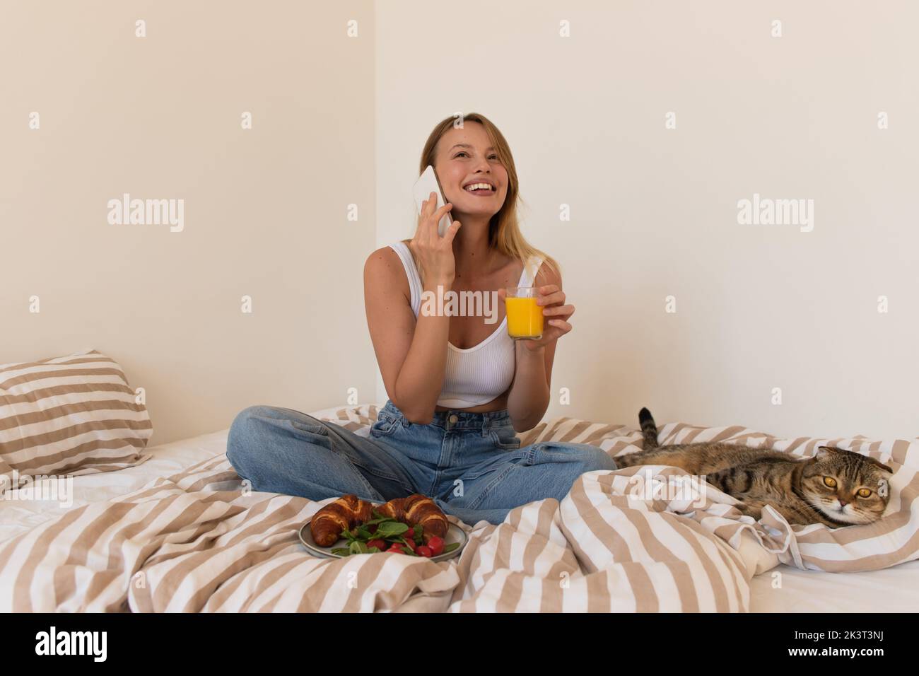 Young woman talking on cellphone near scottish fold cat and breakfast ...