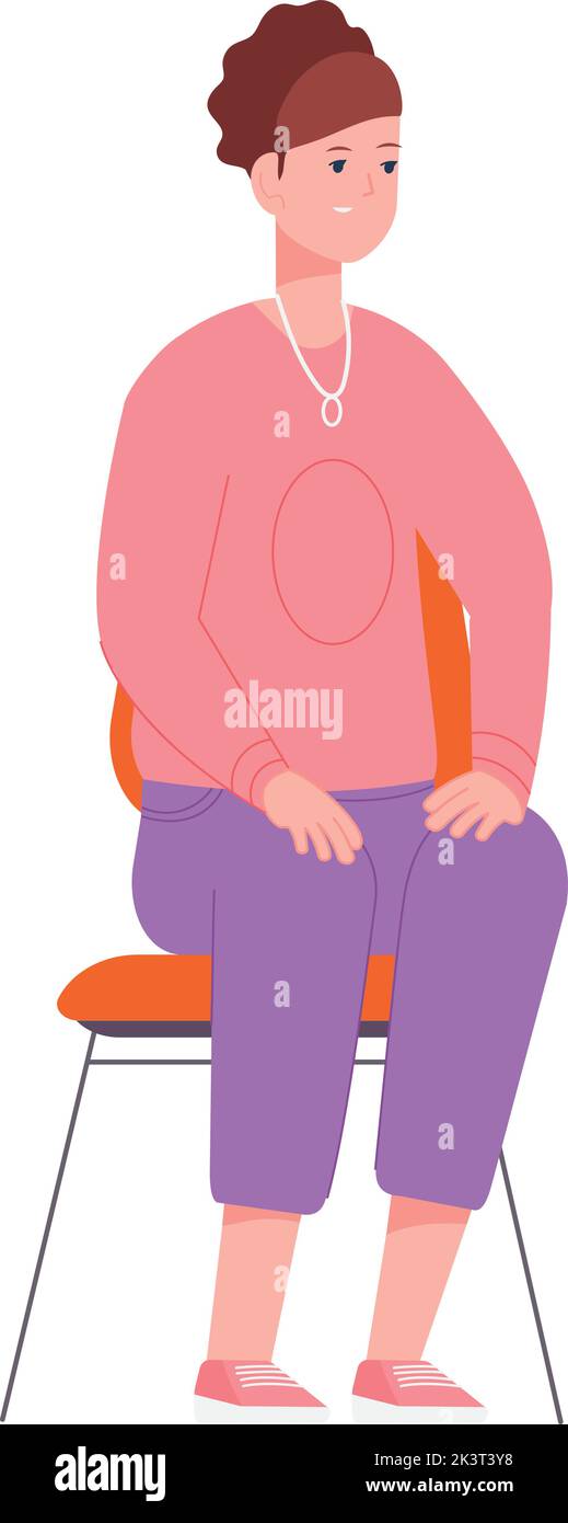 Waiting woman sit on red plastic chair. Smiling character isolated on ...