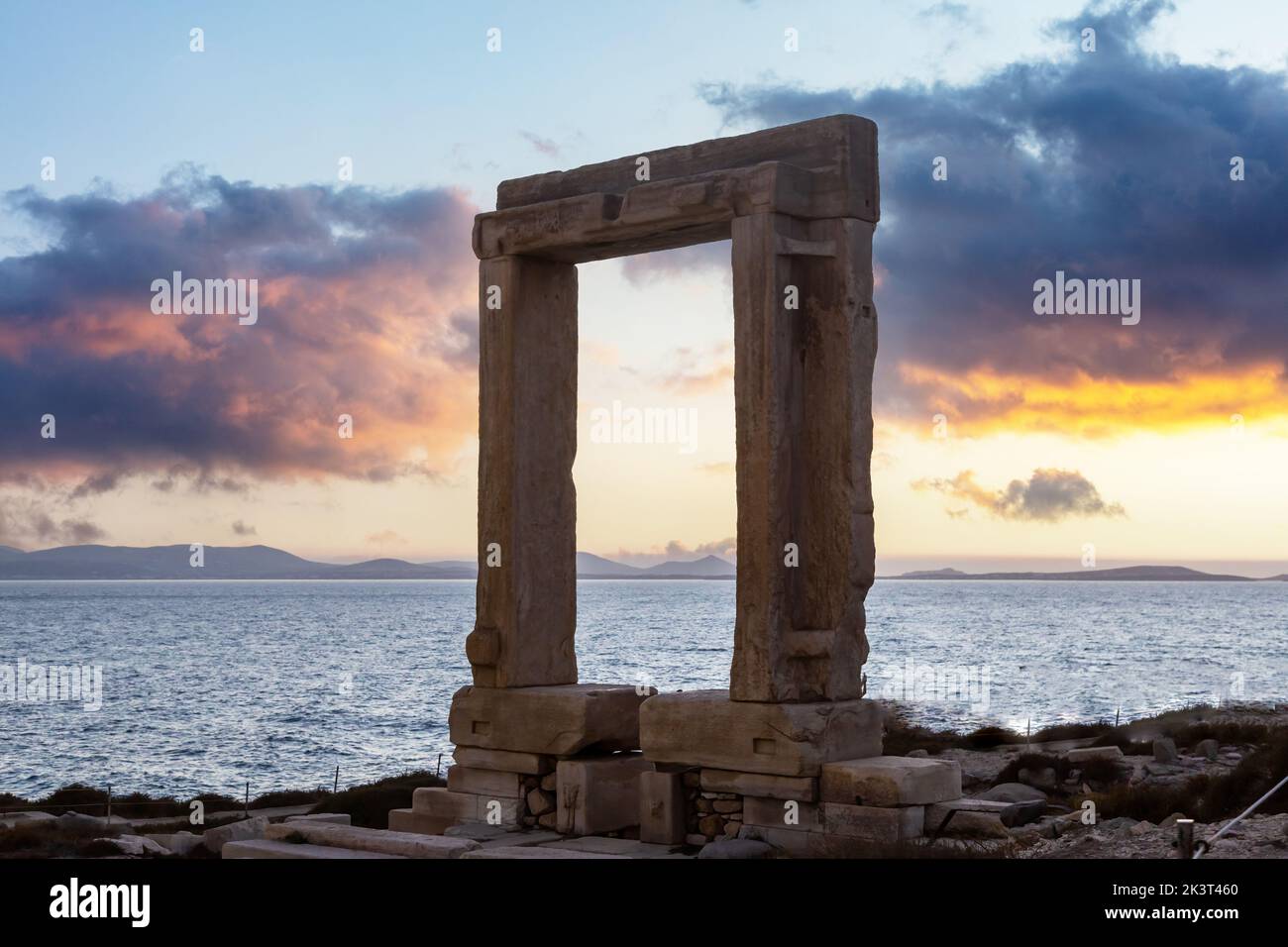 Naxos island, sunset over Temple of Apollo, Cyclades Greece. Portara ...
