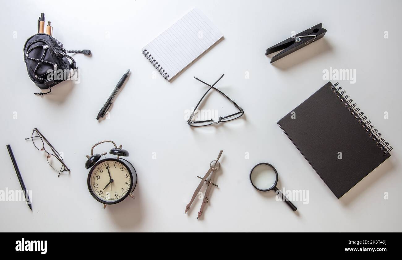 Student education equipment. School and office accessories flat lay on ...