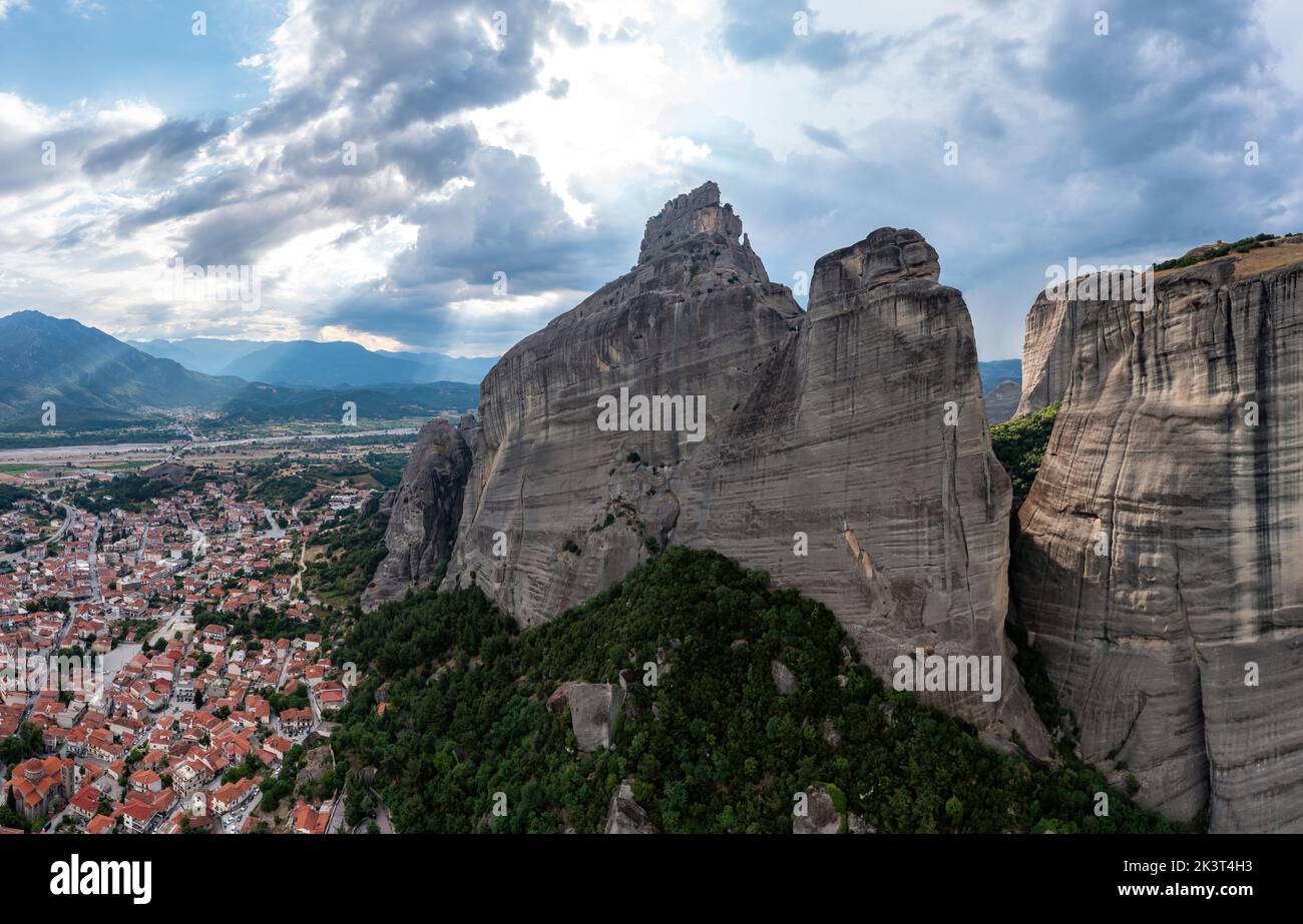 Meteora Greece. Blue sky with clouds over Monastery buildings on top of ...