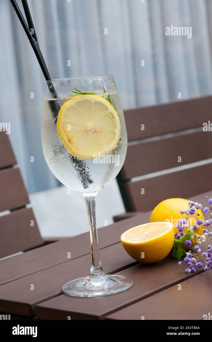 a glass of tasty gin and tonic with lemon in a restaurant Stock Photo ...