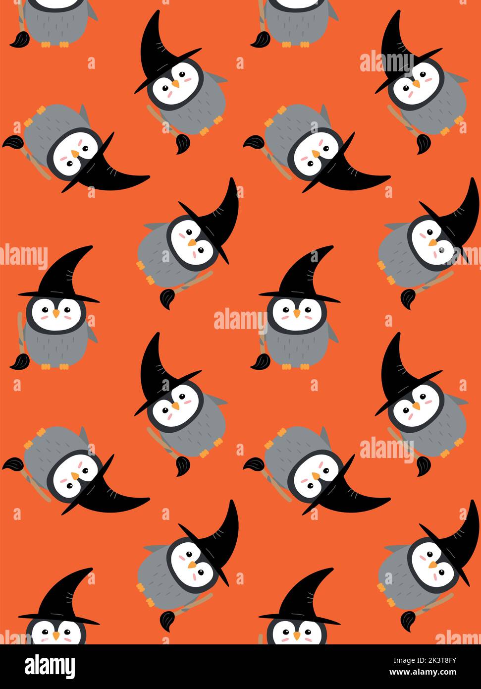 Vector seamless pattern of flat hand drawn Halloween penguin with witch ...