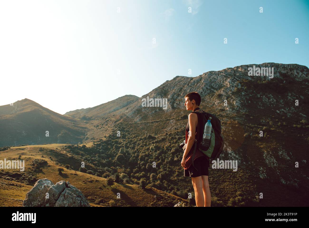 Back view of inspired tourist with heavy backpack watching at mountains ...