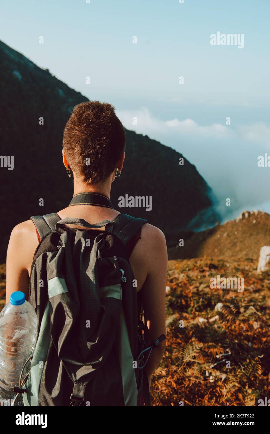 Back view of inspired tourist with heavy backpack watching at mountains ...
