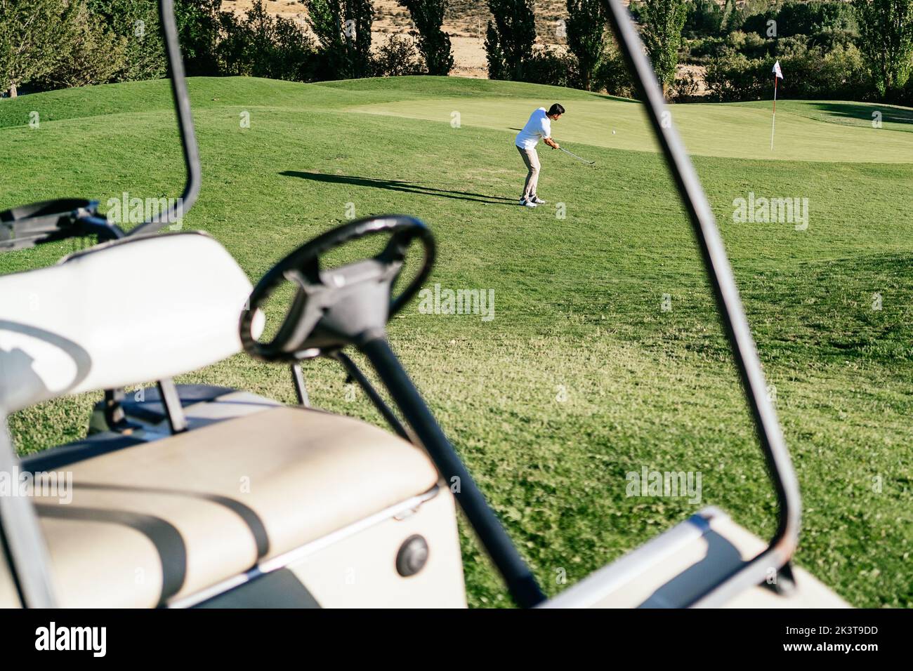 Golf cart and side view of anonymous male athlete hitting ball in green ...