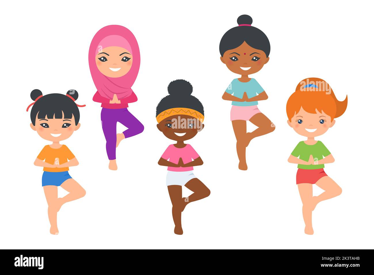 Cute chibi girls doing yoga. Happy childhood concept. Cartoon flat ...