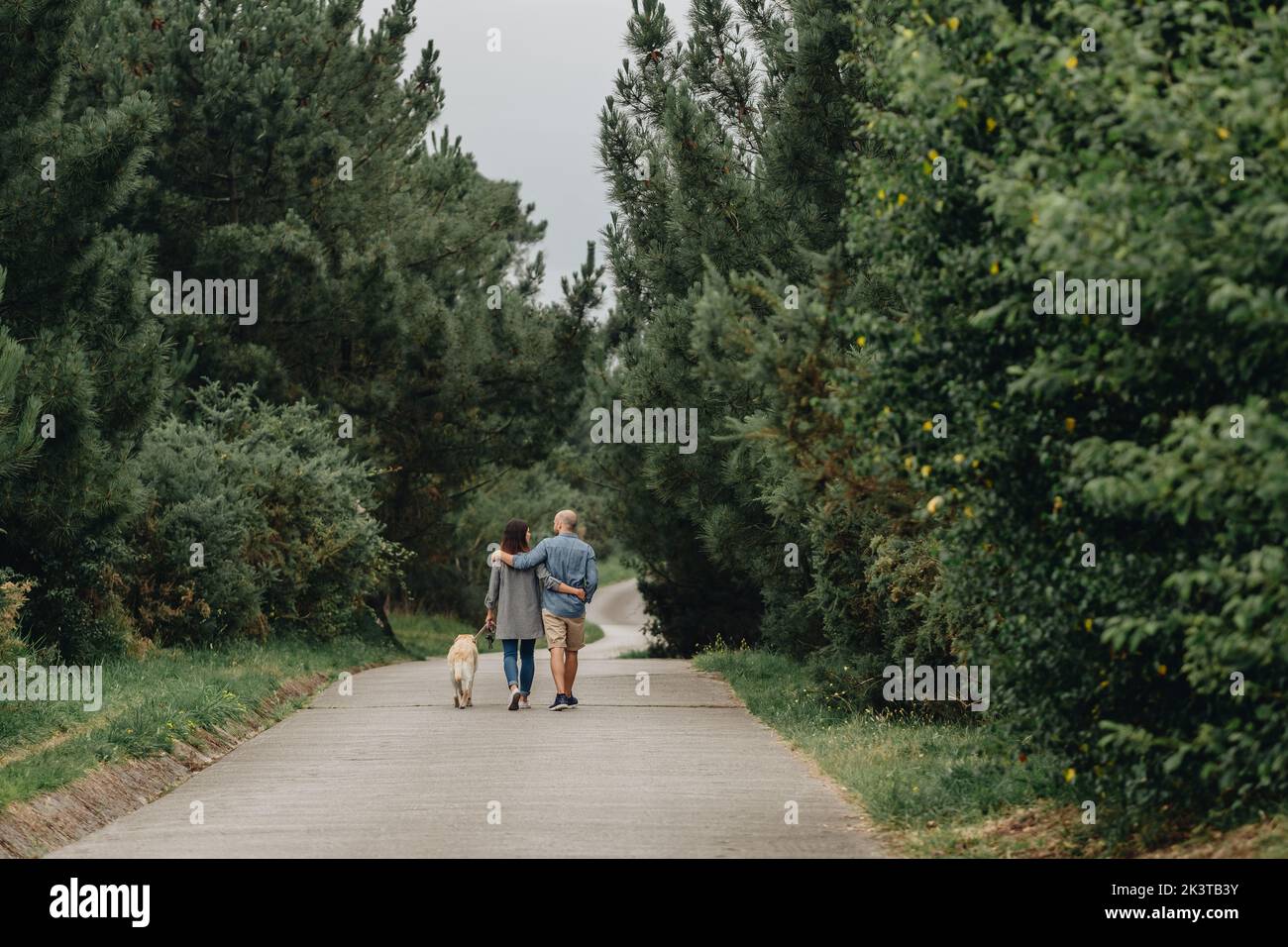 Happy couple in casual wear walking with dog on wood paved road in ...