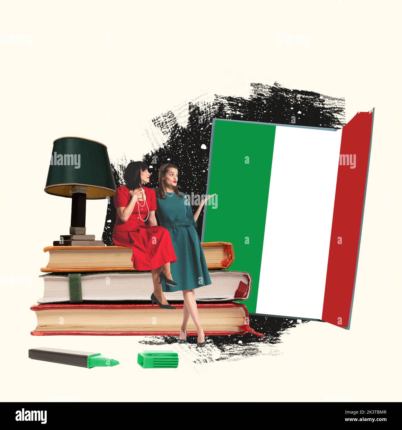 Italian language courses. Young girls reading book, learning foreign ...