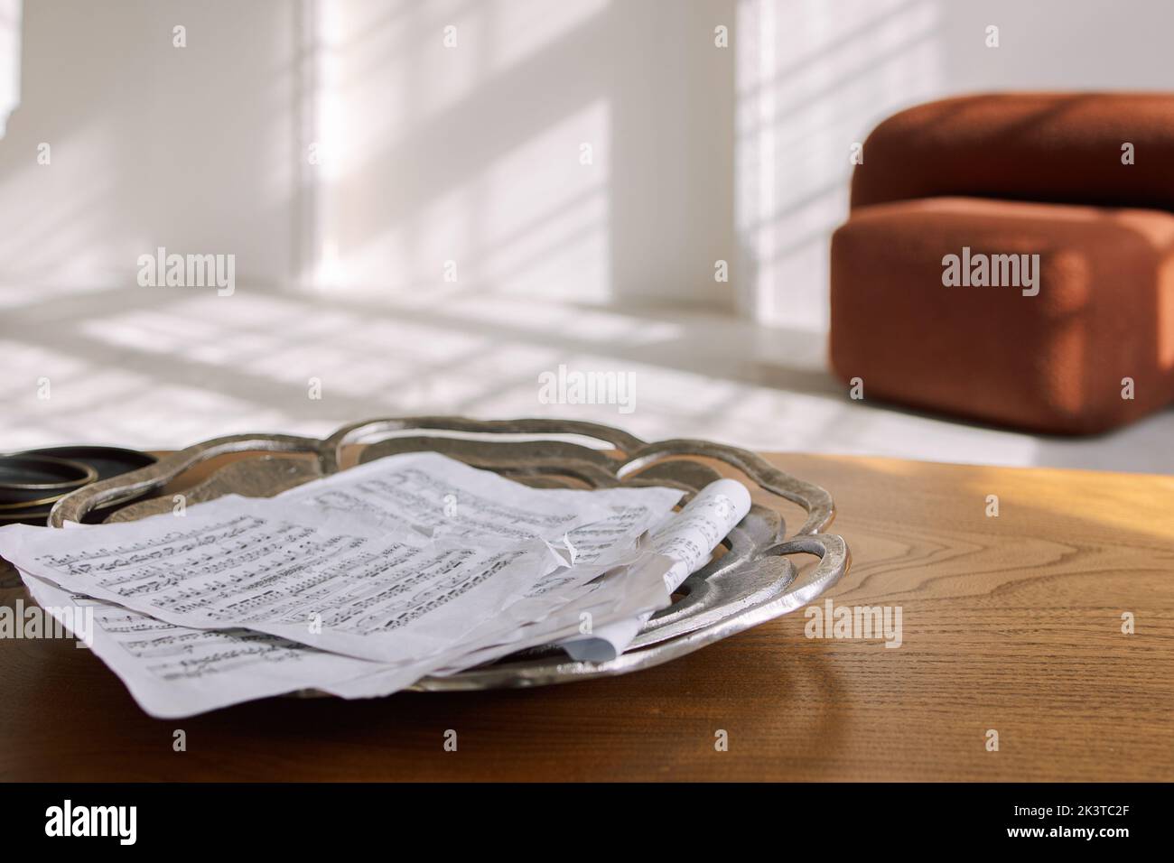 Modern room interior in minimal style. Music notes pages scattered on ...