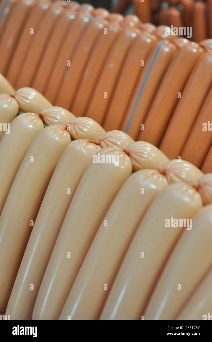 Close-up a rack with meat sausages. concept sausage production Stock ...