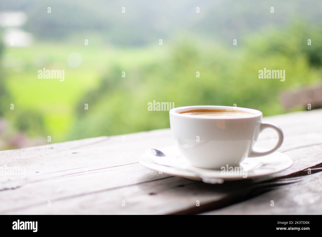 Coffee Cup on Table Against Landscape Scenery Mountain Hill Background ...