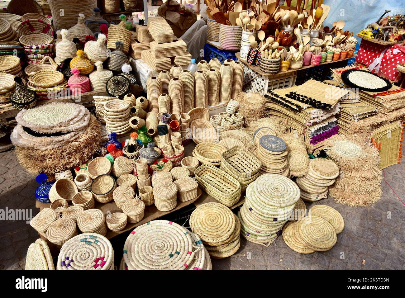 Rafia-made products on street market display in Marrakech Stock Photo ...